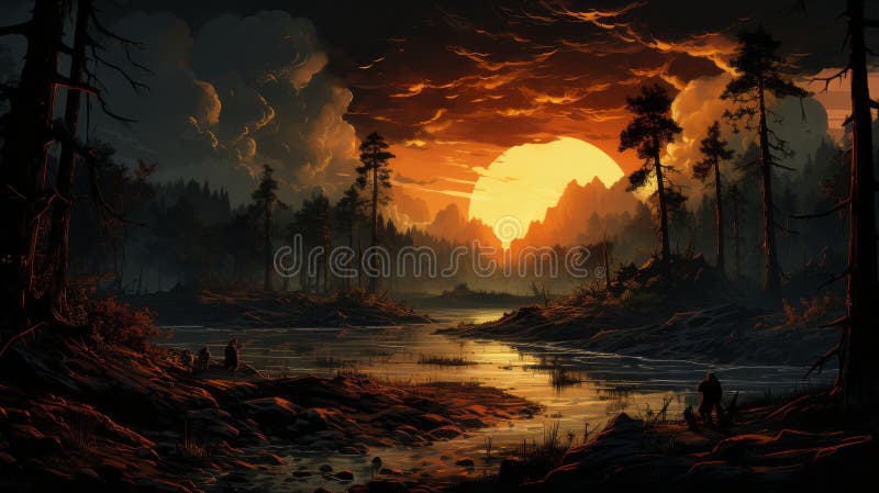 Monsoon Forest Firelight: a Retroflex 8-bit Digital Illustration Stock ...