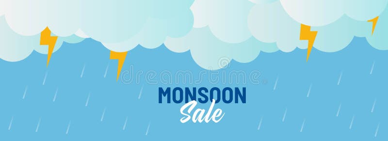 Monsoon Sale Banner or Header Design with Rainy Thunder Clouds on Blue ...