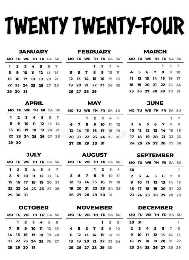 2024 Monday Start Portrait Black and White Calendar Stock Vector ...