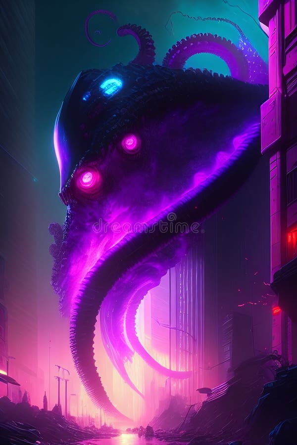 Monster Alien Attack Cyberpunk City Stock Illustration - Illustration ...