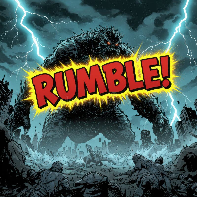 Monster Attack with Lightning and Rumble Text in Comic Style Stock ...