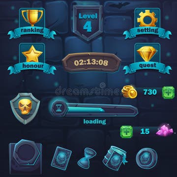 Monster Battle GUI Set Items Buttons and Icon Stock Vector ...