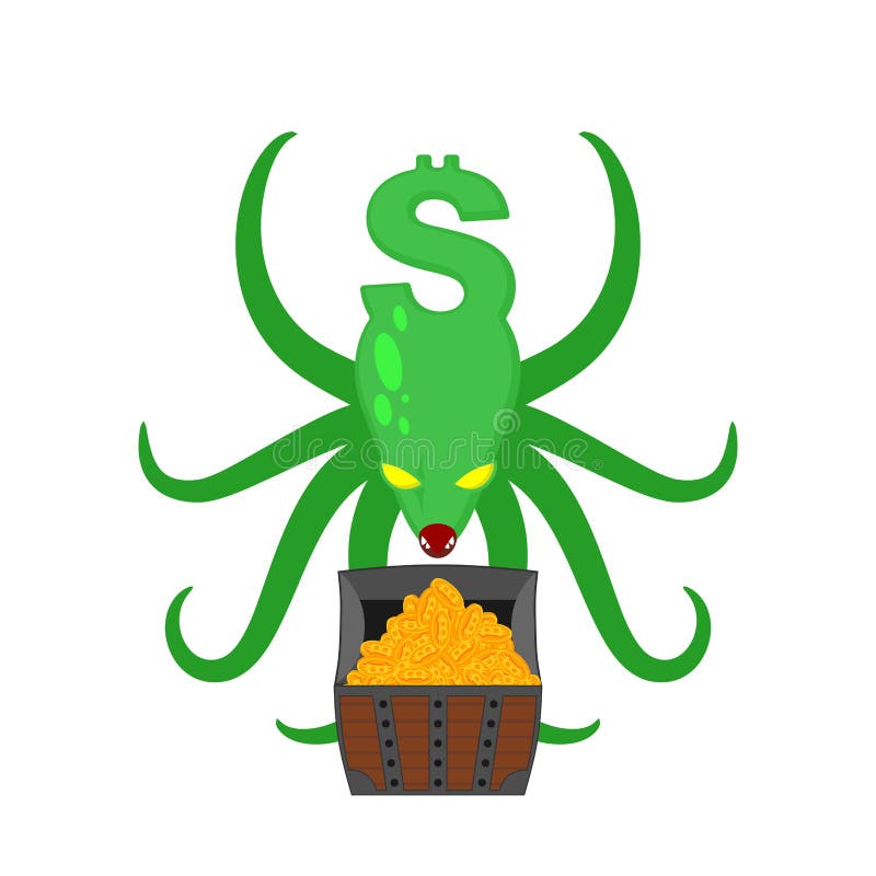 Monster Dollar Protects Chest of Bitcoins. Money Octopus Vector Stock ...