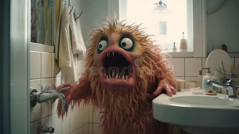 Whimsical Bathroom Monster Game Scene with Furry Creature Surprise ...