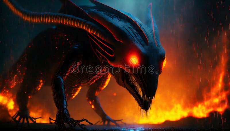 Monster with Glowing Eyes in a Pit of Fire Stock Illustration ...