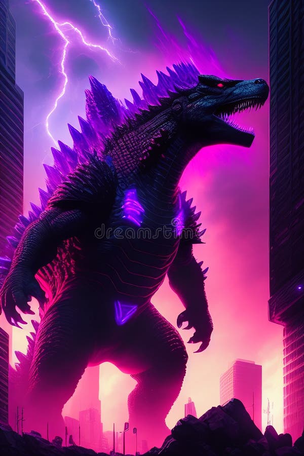 Monster Godzilla Will Destroy Cyberpunk City Stock Illustration ...