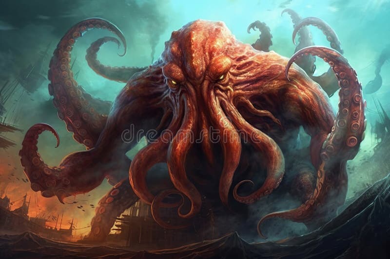 Monster Octopuse Swim in the Sea Generative AI Stock Illustration ...