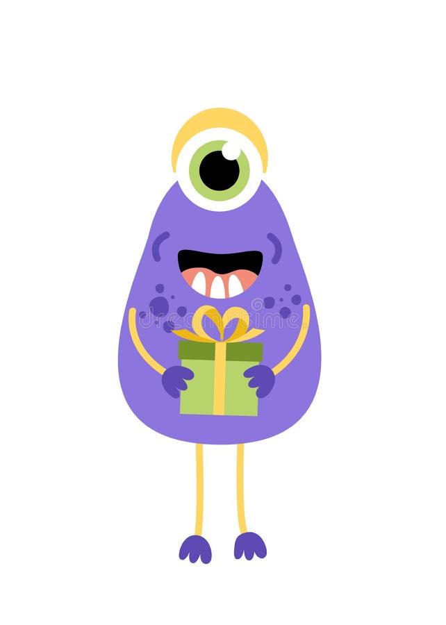 Monster. Purple Monocular Monster with Gift. Flat, Cartoon, Vector ...