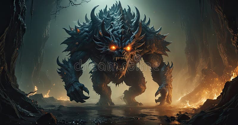 A Monster with Red Eyes is Shown in a Dark Forest. Stock Illustration ...