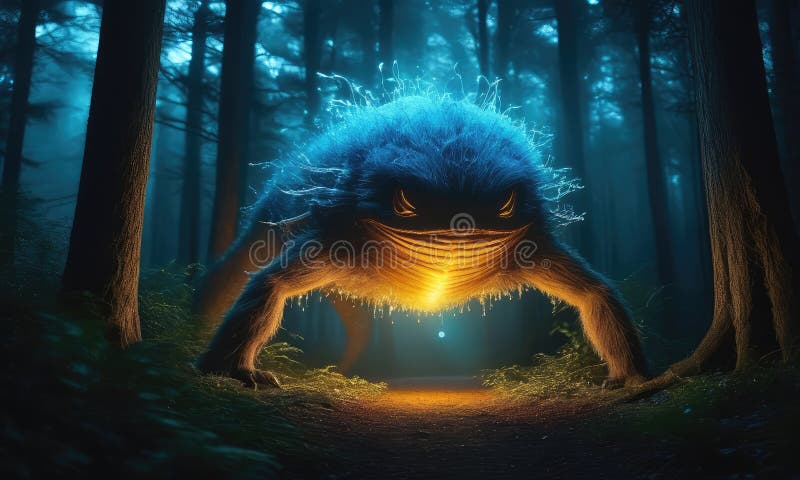 A Monster is Shown in the Forest with a Light Shining on it. Stock ...