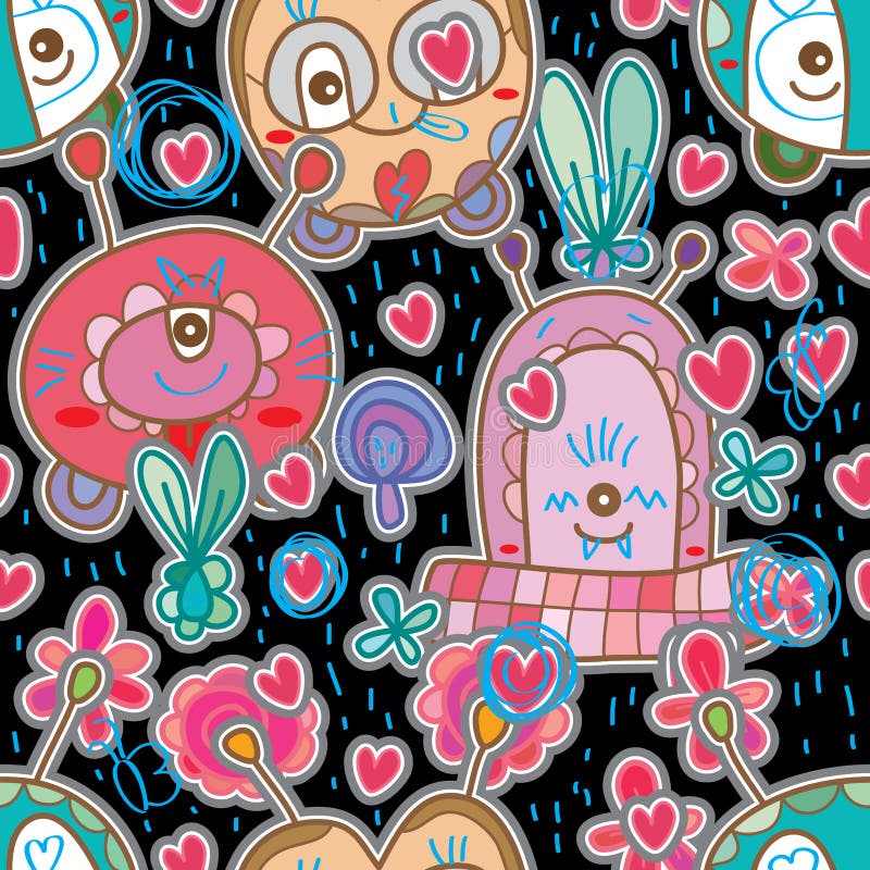 Monster Sticker Drawing Seamless Pattern Stock Vector - Illustration of ...