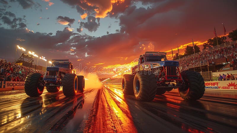 Monster Trucks Racing at Sunset Stock Illustration - Illustration of ...