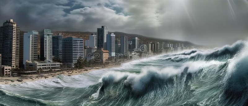 Monster Tsunami in Front of a City, Generative Ai Illustration Stock ...