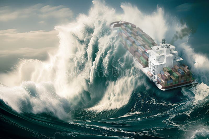 Monster Wave Hits Container Ship Stock Illustration - Illustration of ...