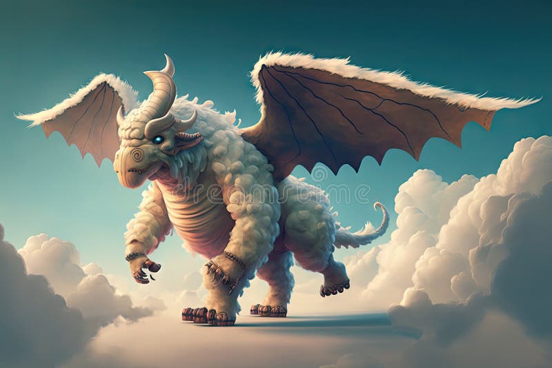 Monster with Wings Walking on Clouds Floating Creature Walking in Air ...