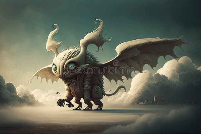 Monster with Wings Walking on Clouds Floating Creature Walking in Air ...