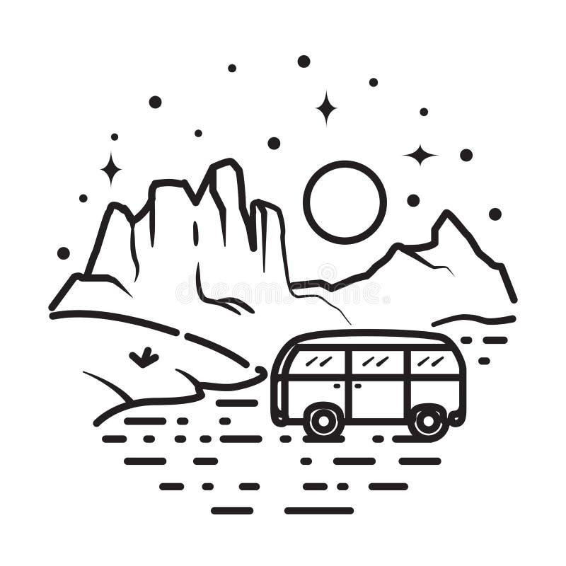 Summer Camp Trailer, Van, RV, Rocky Mountain Line Art Design Stock ...