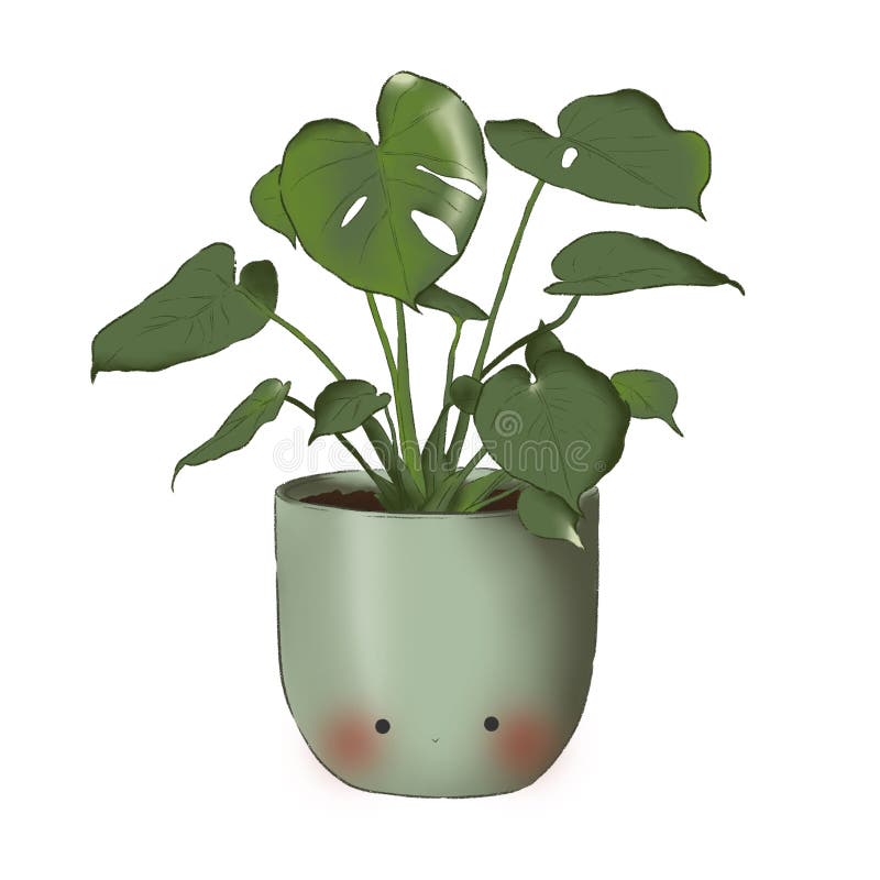 Cute Monstera Plant with Emoji Stock Image - Illustration of leaf ...