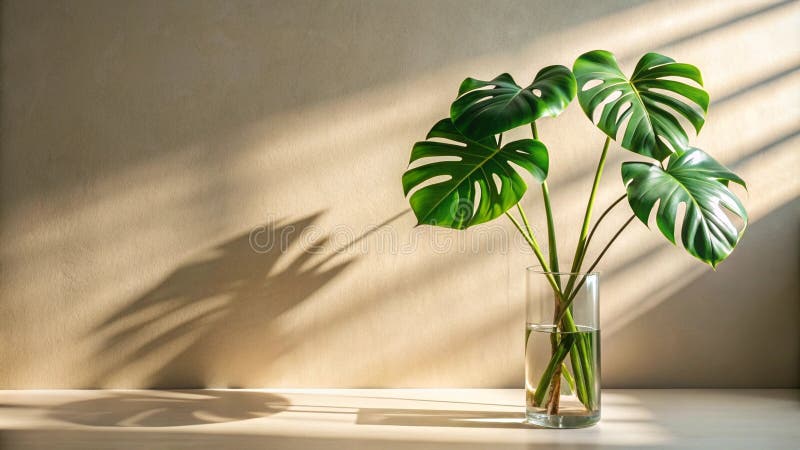 Monstera Branches Stand on the Table in a Glass Vase Against the ...