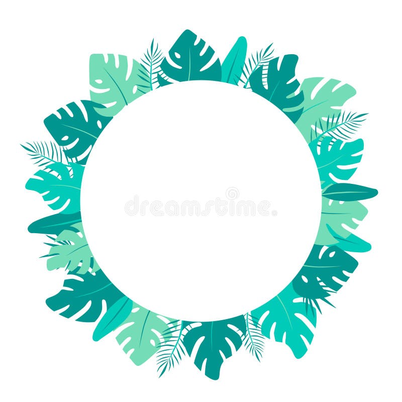 Monstera Flat Illustration. Bright Green Tropical Leaves Round Frame ...