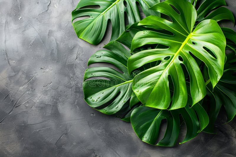 Monstera Leaf on Dark Backdrop with Water Droplets, Greenery Theme for ...