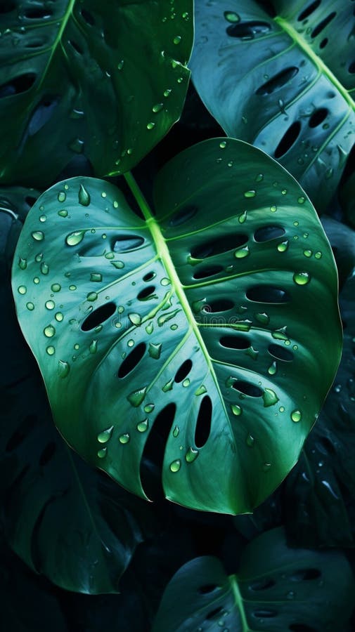 Monstera Leaves with Drops Pattern Screensaver, Ai Generation Stock ...