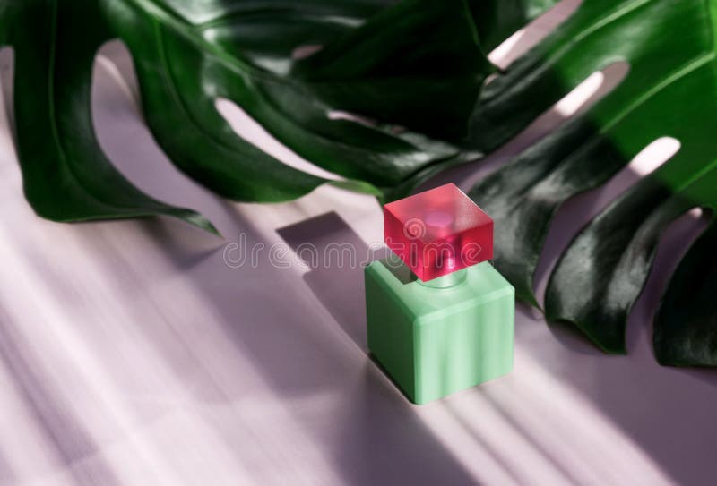 Monstera Tropical Leaves and a Bottle of Perfume on a Pink Background ...