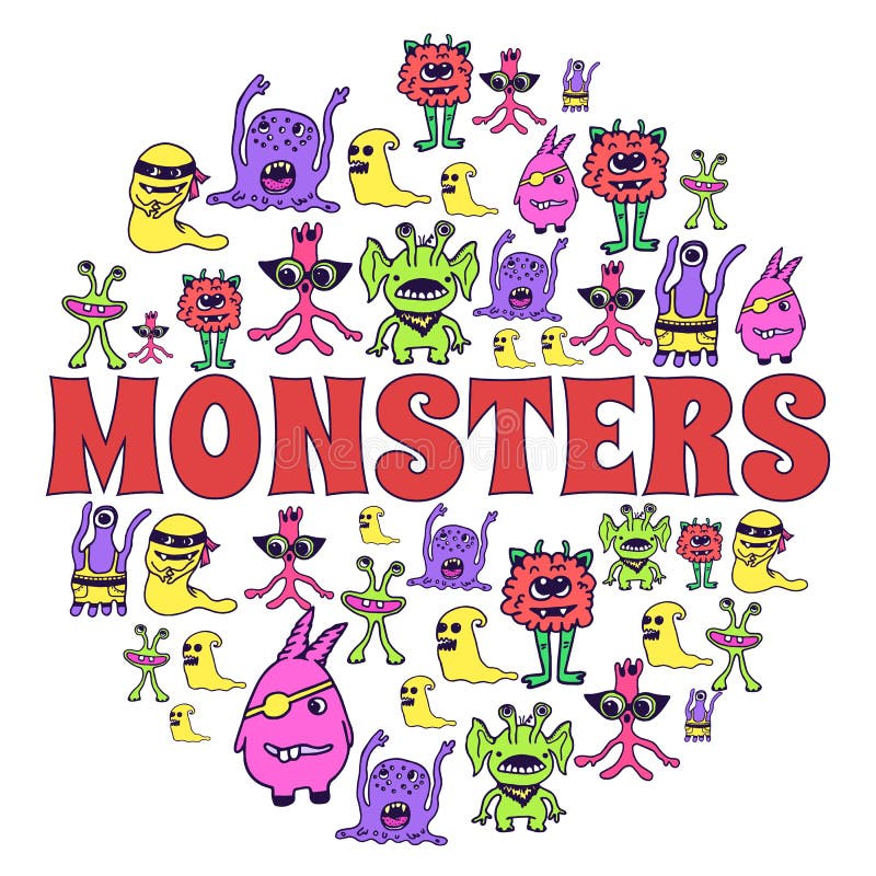 Monsters Circle Colorful Template Concept. Icons Elements Design for ...