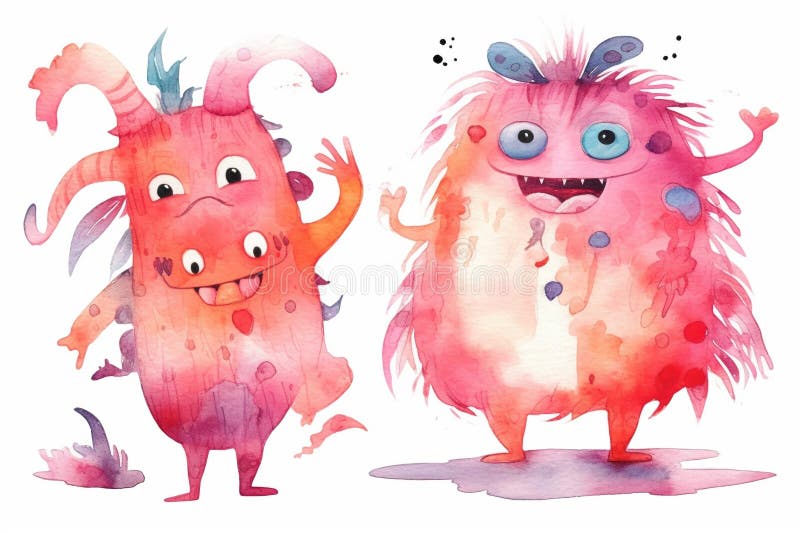 Monsters in Pink Colors in Watercolor Style. AI Generated Stock ...