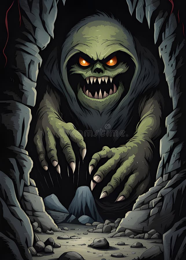 Monstro Assustador Na Caverna Ilustração Stock - Ilustração de verde ...