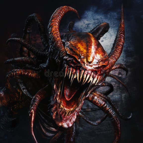 A Frightening Creature with Fangs and Tentacles in a Dark Environment ...