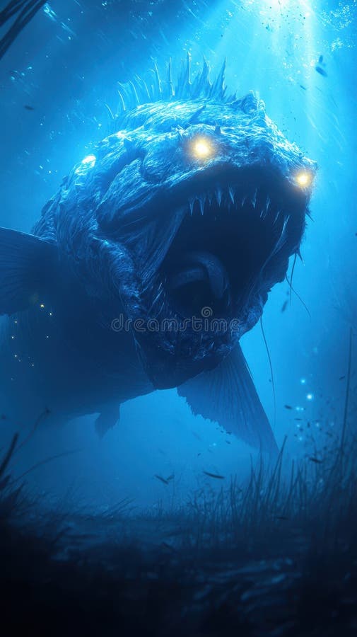 Monstrous Fish Like Creature with Glowing Scales Swims Deep Stock ...