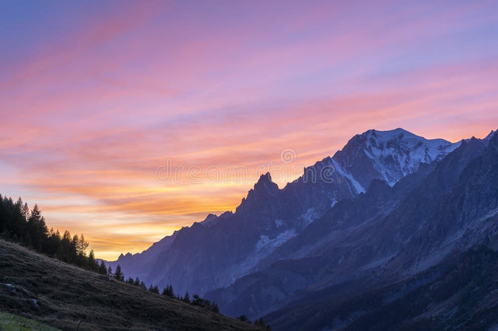 Mont Blanc Mountain at Sunset. View from Italy. Stock Photo - Image of ...