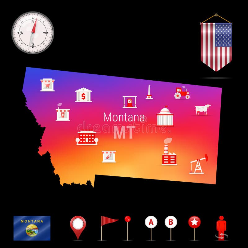 Montana Vector Map, Night View. Compass Icon, Map Navigation Elements ...