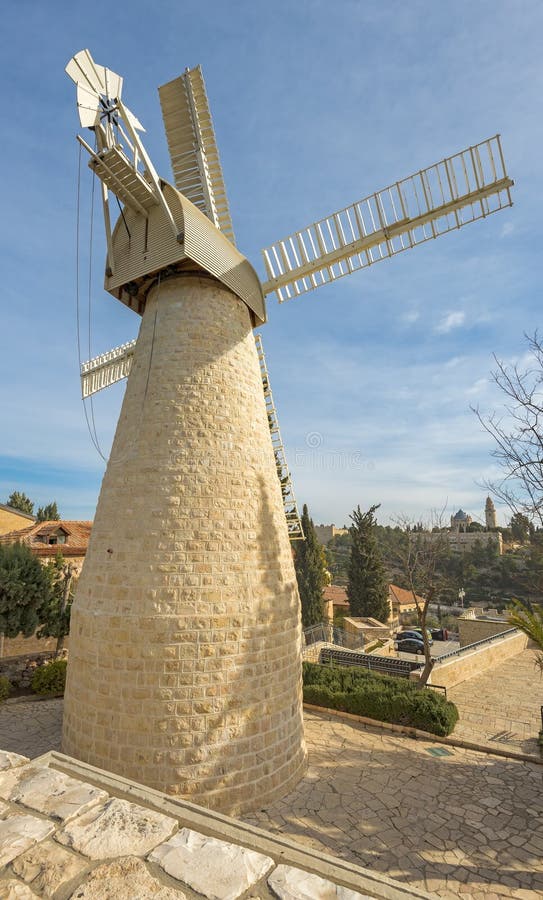 Montefiore Windmill, Jerusalem. Stock Photo - Image of famous, bush ...