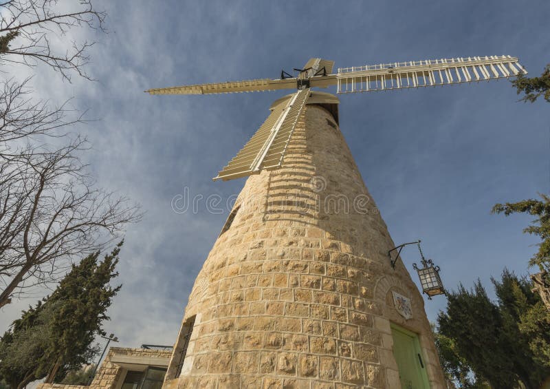 Montefiore Windmill, Jerusalem. Stock Photo - Image of church, tree ...
