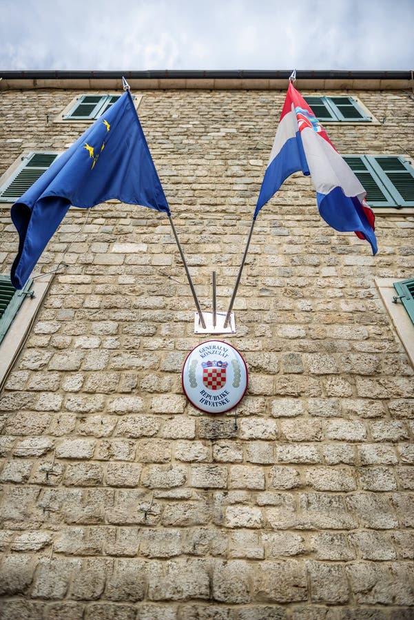 MONTENEGRO, KOTOR - JULY 17, 2014: Flags in the Croatian Consulate in ...