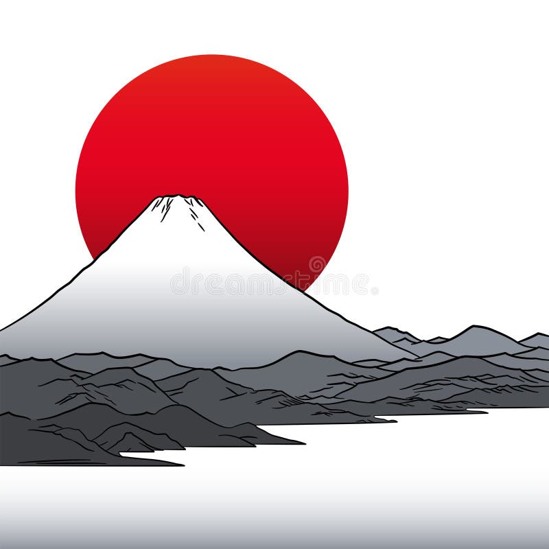 Mount Fuji and Red Rising Sun, Illustration of an Idyllic Landscape ...