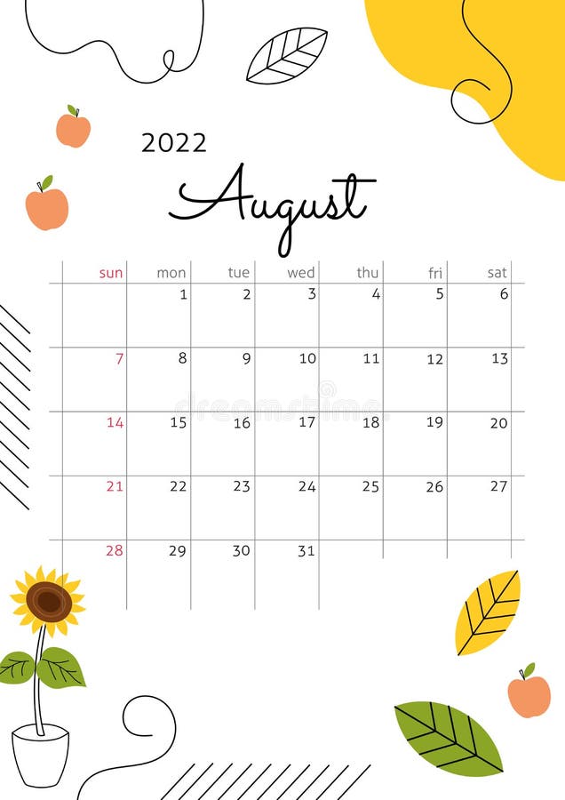 Month August 2022 with Abstract Elements,sunflower, Apples and Leaves ...