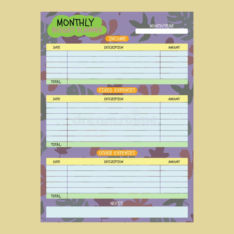 Monthly Budget Planner with Abstract Background from Leaves and Flowers ...