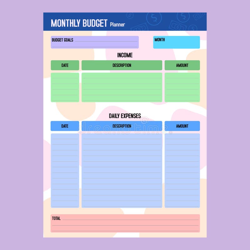 Monthly Budget Planner with Color Columns and Abstract Background Stock ...