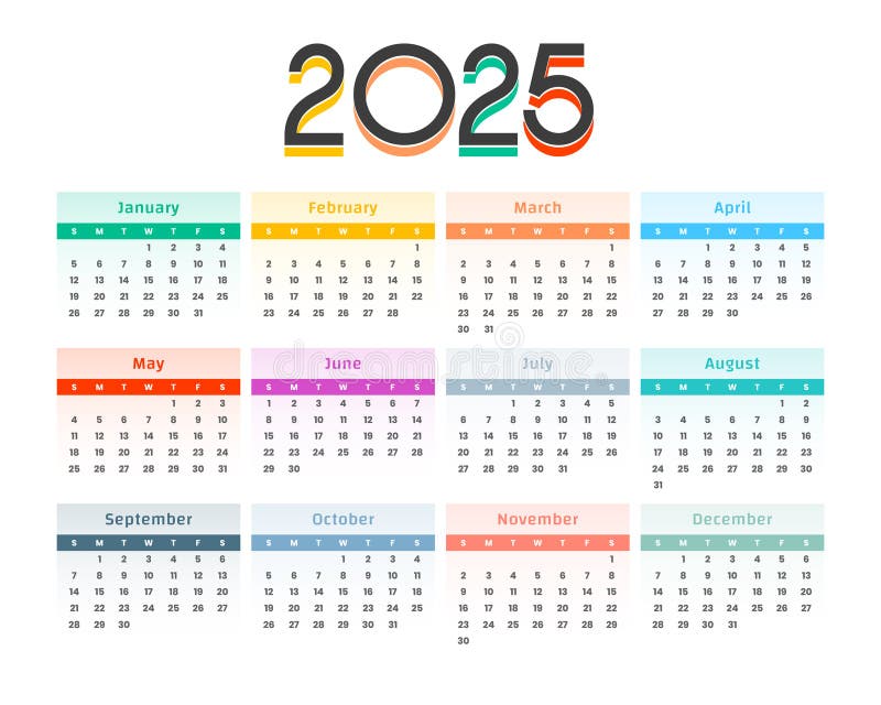 2025 Monthly Calendar Colorful Template Organize Event or Task Stock ...