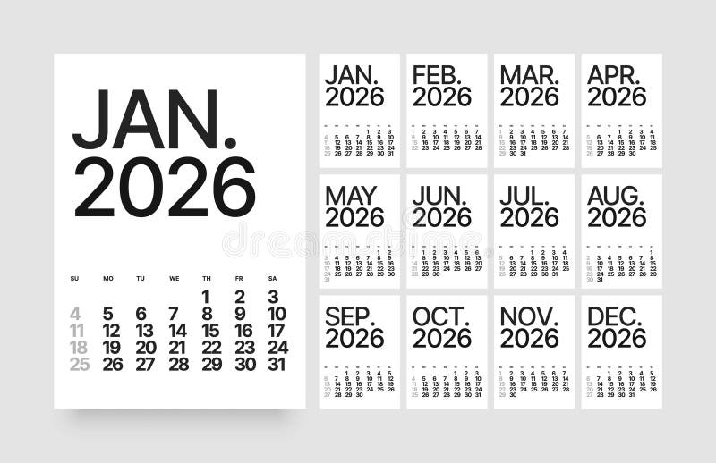 Monthly Calendar Layout for 2026. Planner Diary. Stock Vector ...