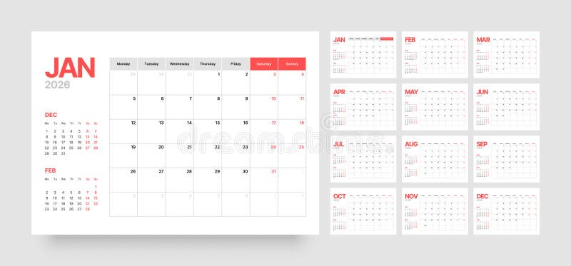 Monthly Calendar Layout for 2026. Planner Diary. Stock Vector ...