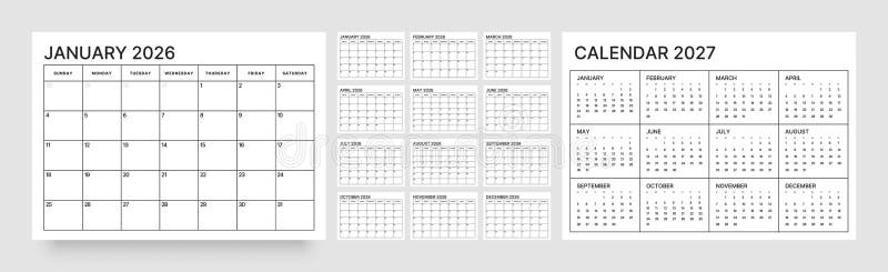 Monthly Calendar Layout for 2026. Planner Diary. Stock Vector ...