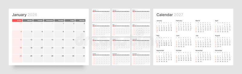 Monthly Calendar Layout for 2026. Planner Diary. Stock Vector ...