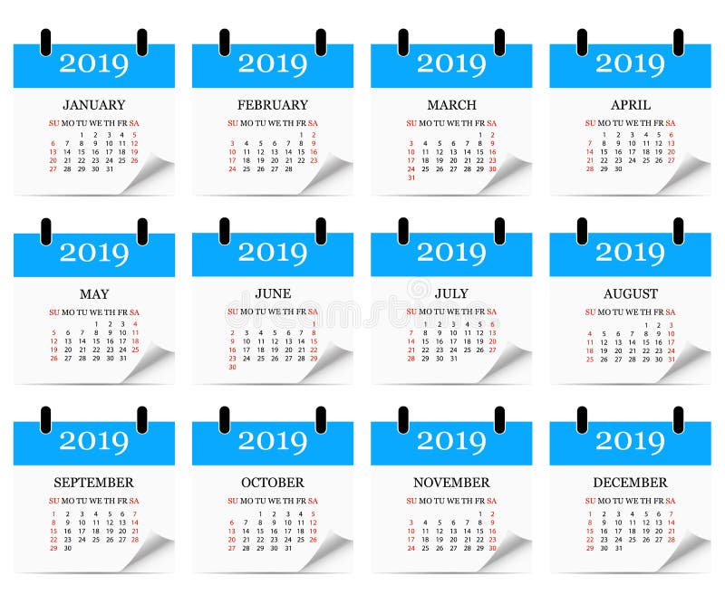 Monthly Calendar 2019 with Page Curl. Tear-off Calendar. White ...