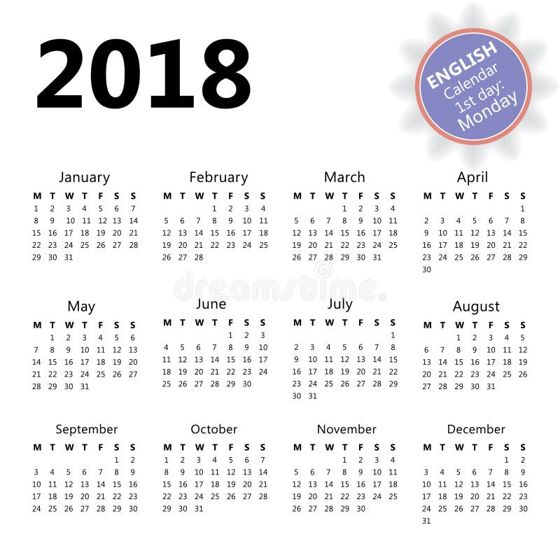 2018 monthly calendar stock vector. Illustration of english - 95961876