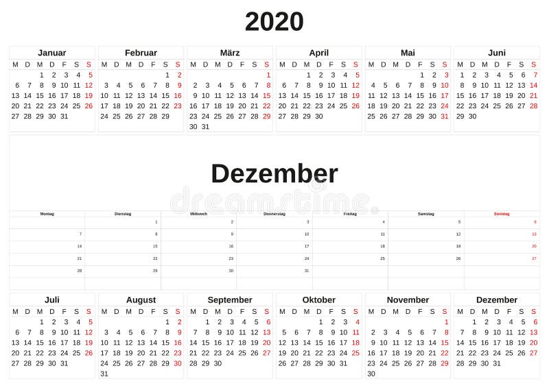 2020 a Monthly Calendar with White Background in German Stock ...