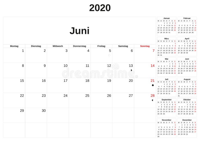 2020 a Monthly Calendar with White Background in German Stock ...